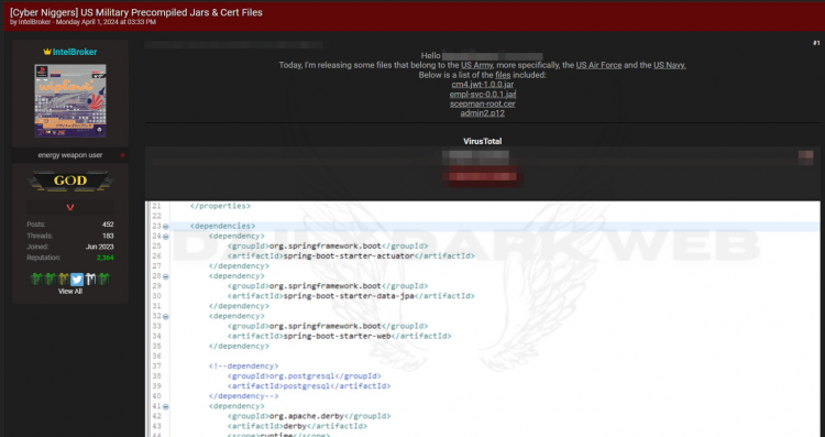 Threat Actor Claims Source Code Leak of US Military, Exposing Jars & Cert Files - Daily Dark Web