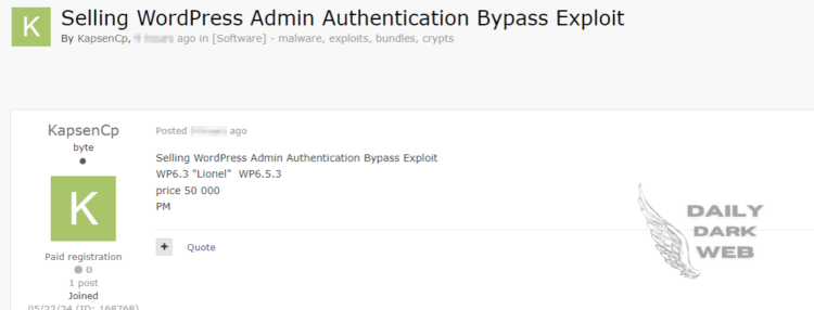 Threat Actor Claims to Sell WordPress Admin Authentication Bypass ...