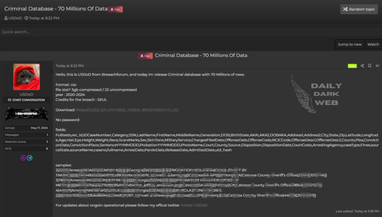 USDoD Allegedly Leaks USA Criminal Database With 70 Million Rows - Daily Dark Web