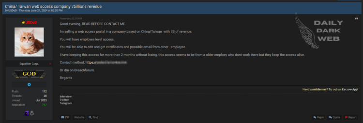 Threat Actor USDoD Claims to Sell Unauthorized Access to Chinese/Taiwanese Company's Web Portal ...