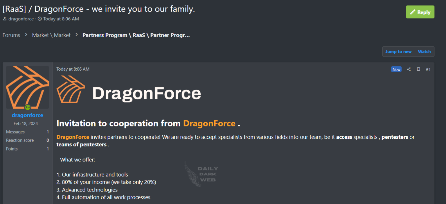 DragonForce RaaS Looking for New Blood - Daily Dark Web