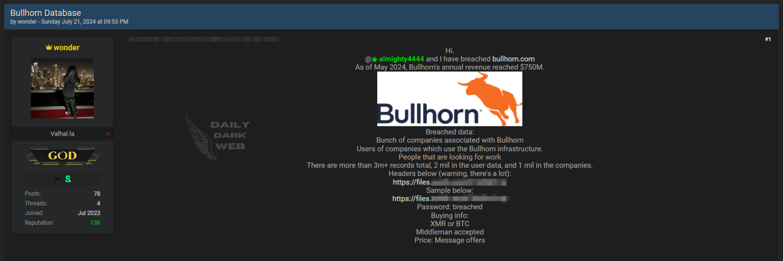 Bullhorn Database was Allegedly Breached - Daily Dark Web