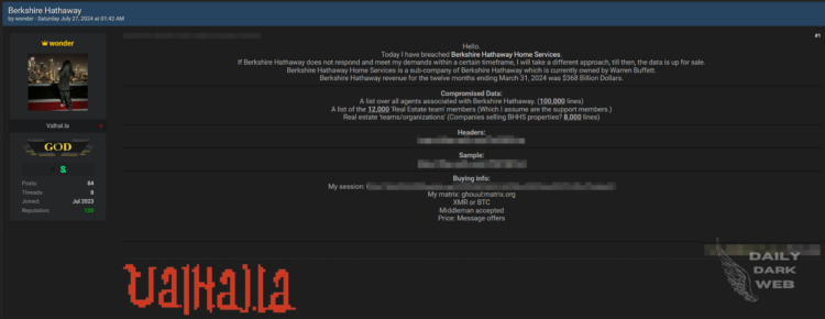 Threat Actor Claims to Sell Data of Berkshire Hathaway Home Services ...