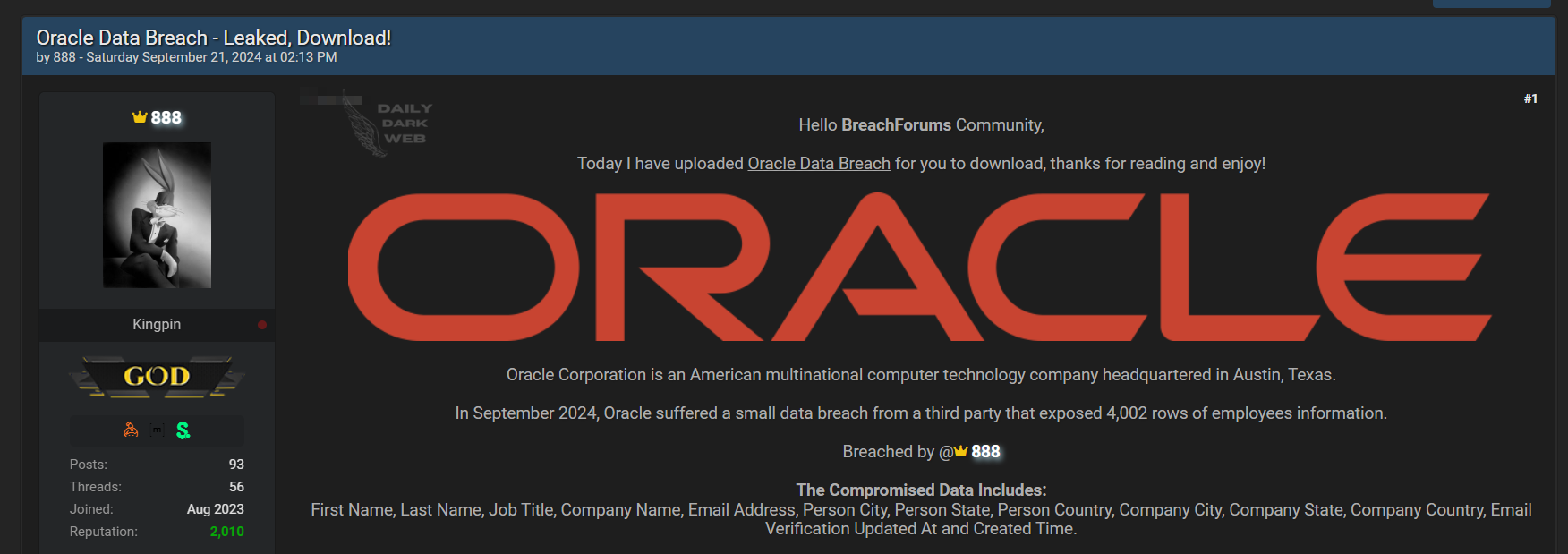 Oracle Faces Alleged Data Breach Exposing Employee Information - Daily ...