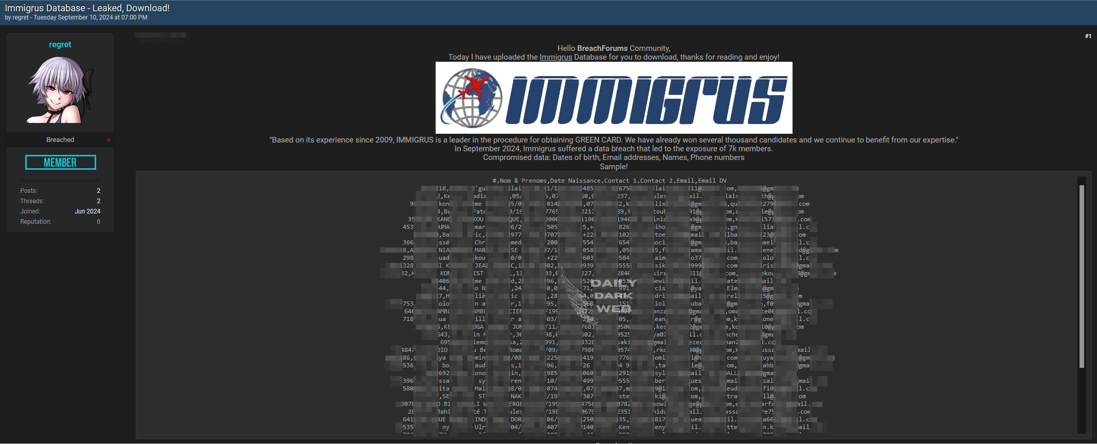 Data Breach Hits Immigrus: 7,000 Clients' Personal Information Exposed - Daily Dark Web