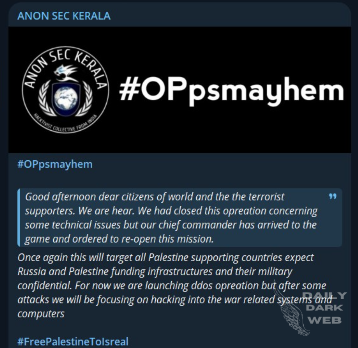 AnonSec Kerala Starts DDoS Attacks on Countries Supporting Palestine - Daily Dark Web