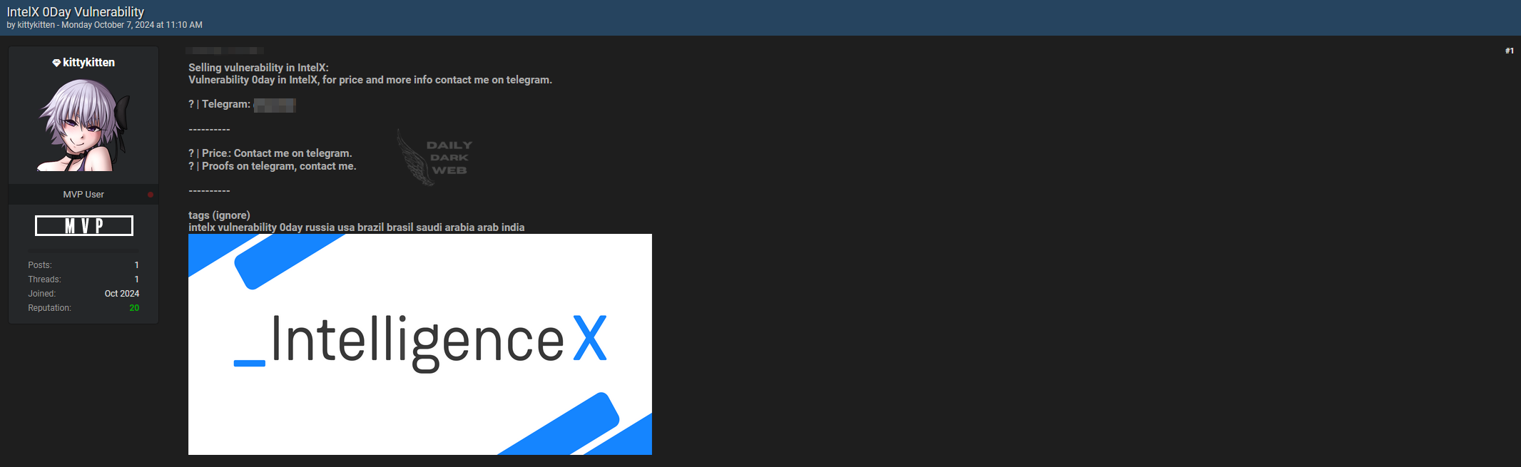 Alleged IntelX 0-Day Vulnerability for Sale on Dark Web - Daily Dark Web