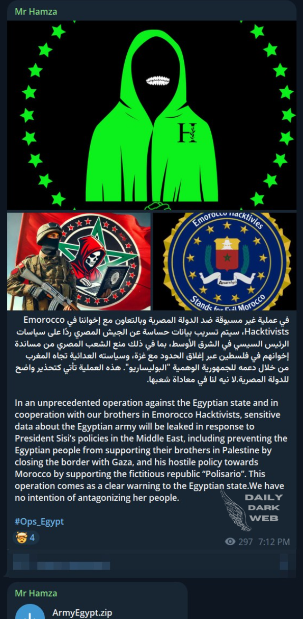 Mr. Hamza Group Claim Leak of Sensitive Egyptian Army Data - Daily Dark Web