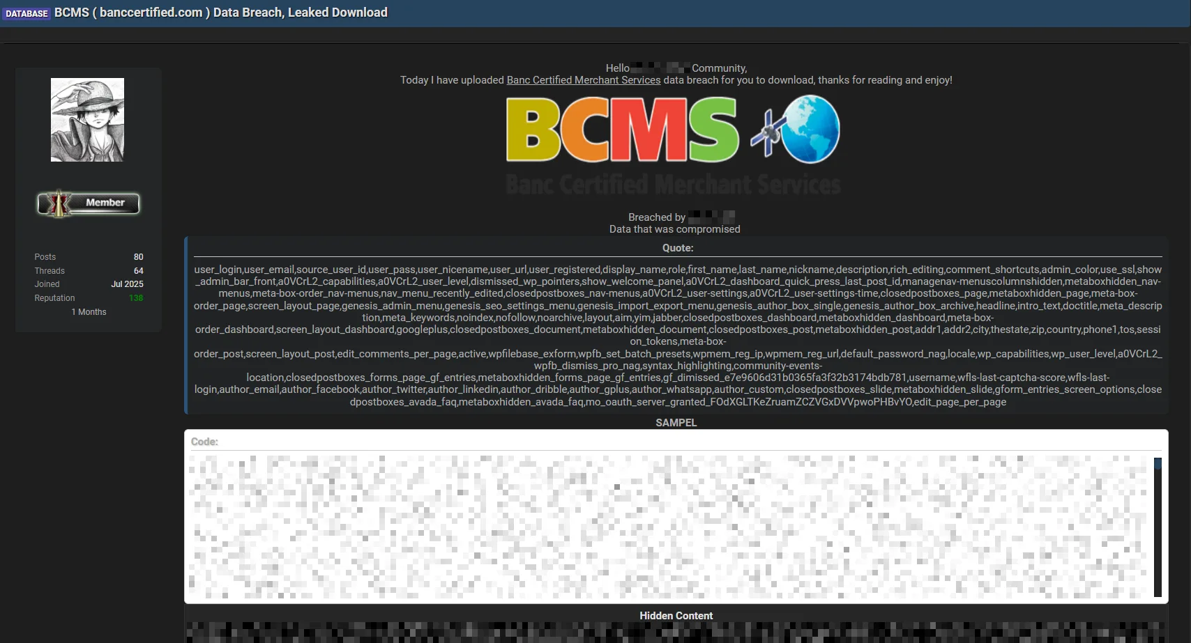 US Payment Processor Banc Certified Merchant Services (BCMS) Allegedly Breached, Database Leaked ...