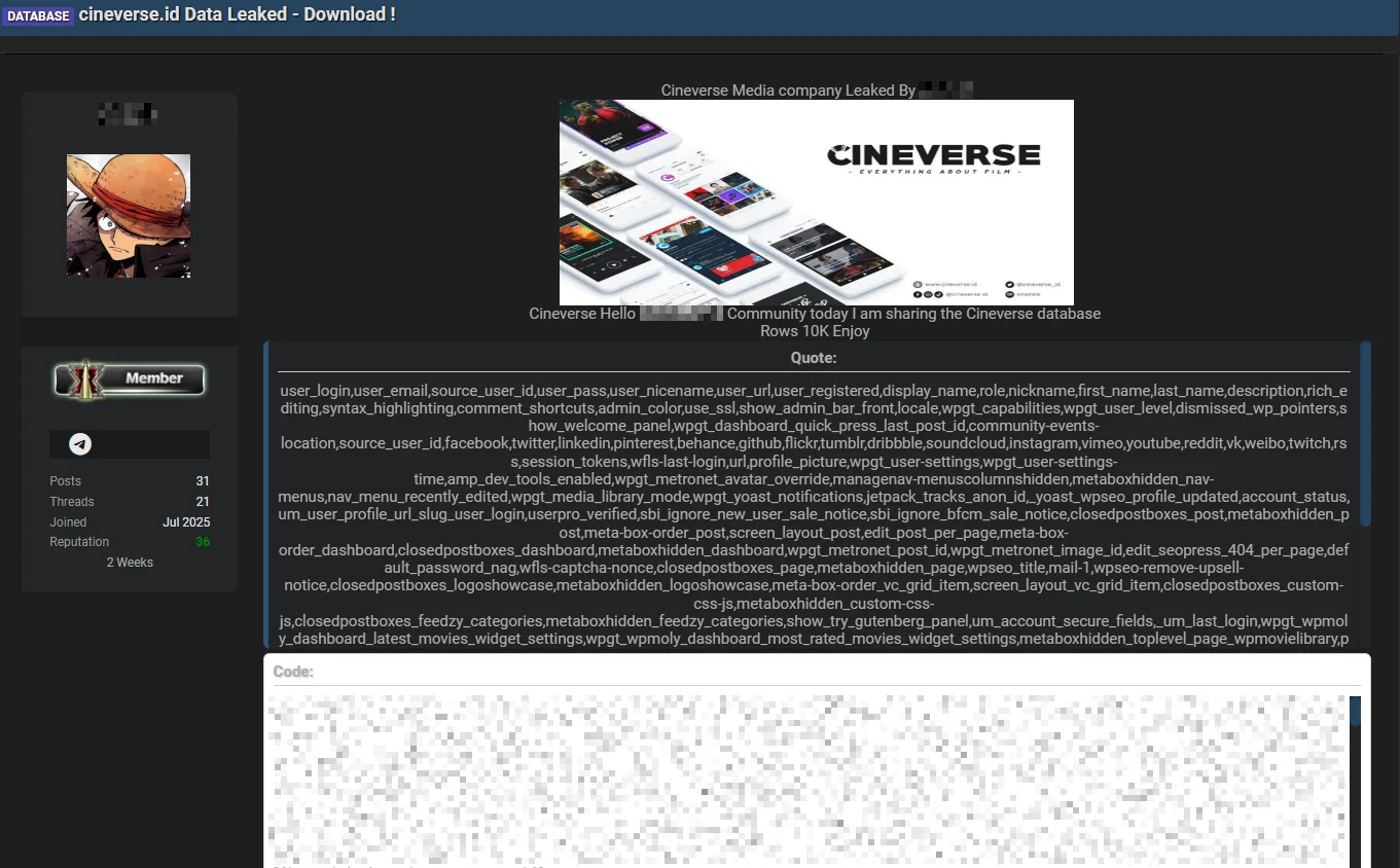 Indonesian Entertainment Site Cineverse Database Allegedly Leaked on Dark Web - Daily Dark Web