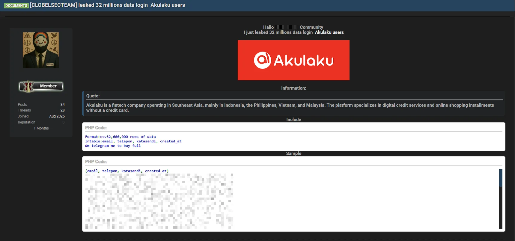 Akulaku Data Breach Allegedly Exposes 32 Million Users - Daily Dark Web