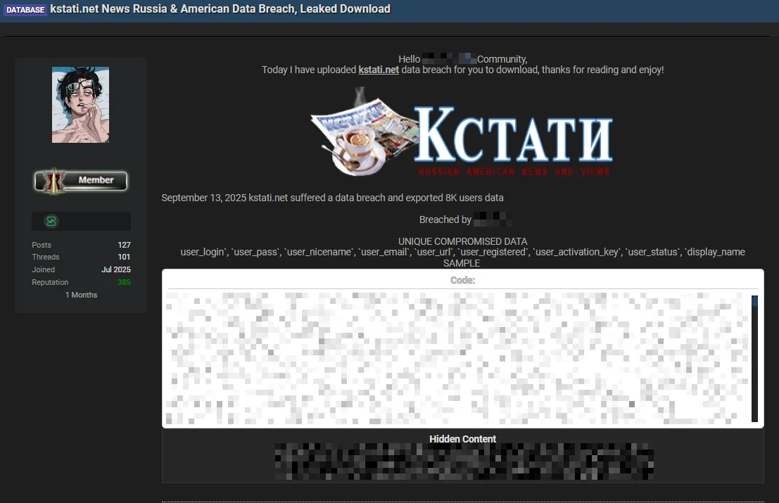 Russian-American News Outlet Kstati.net Allegedly Breached, User Data Leaked - Daily Dark Web