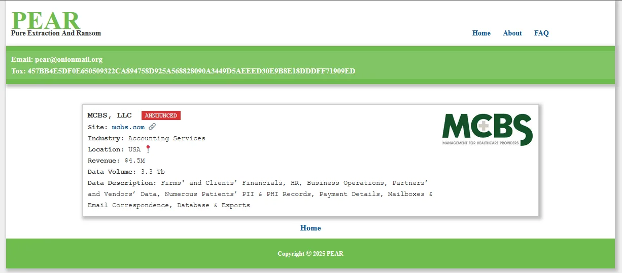 MCBS, LLC Hit by PEAR Ransomware in Significant Data Breach - Daily ...