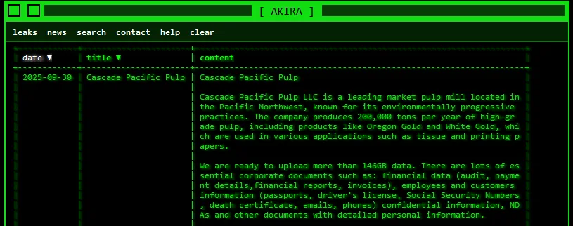 Cascade Pacific Pulp LLC Targeted in Akira Ransomware Attack - Daily ...