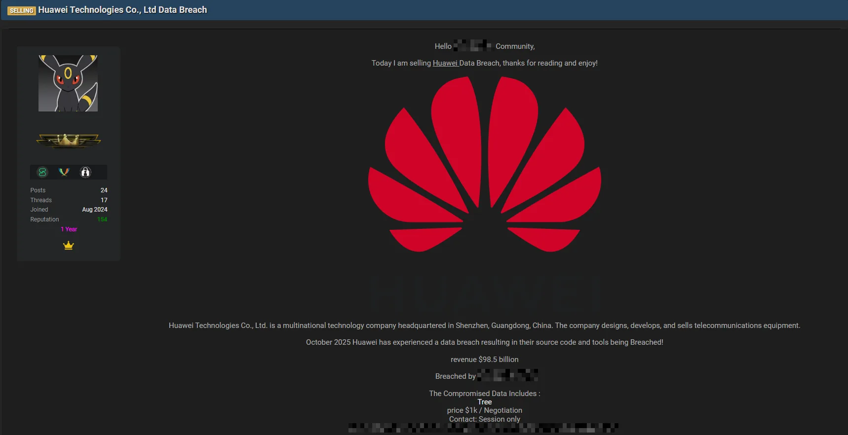Huawei Technologies Source Code Exposed in Data Breach - Daily Dark Web