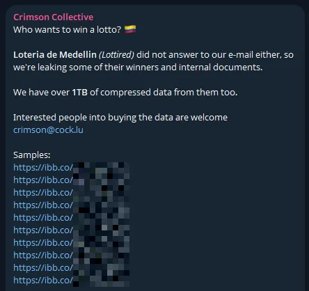 Crimson Collective Breaches Loteria de Medellin, Leaks Winner Data - Daily Dark Web