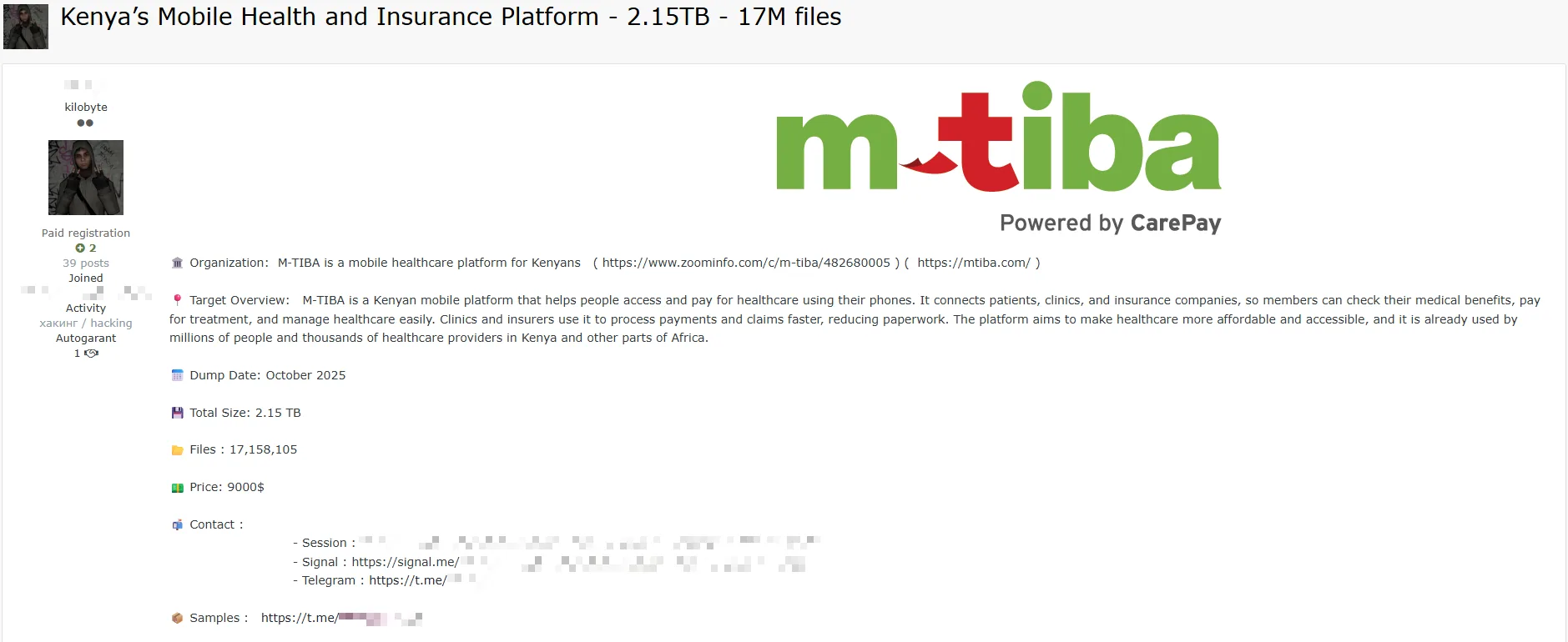 M-TIBA Data Breach Exposes Kenyan Healthcare Platform Data - Daily Dark Web