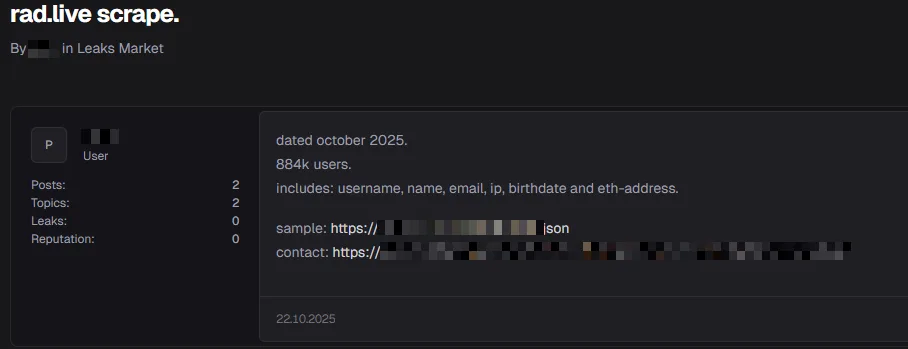 Rad TV Data Breach Exposes 884k Users - Daily Dark Web