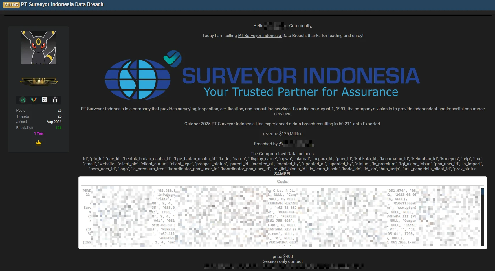 PT Surveyor Indonesia Data Breach Exposes Client Data - Daily Dark Web
