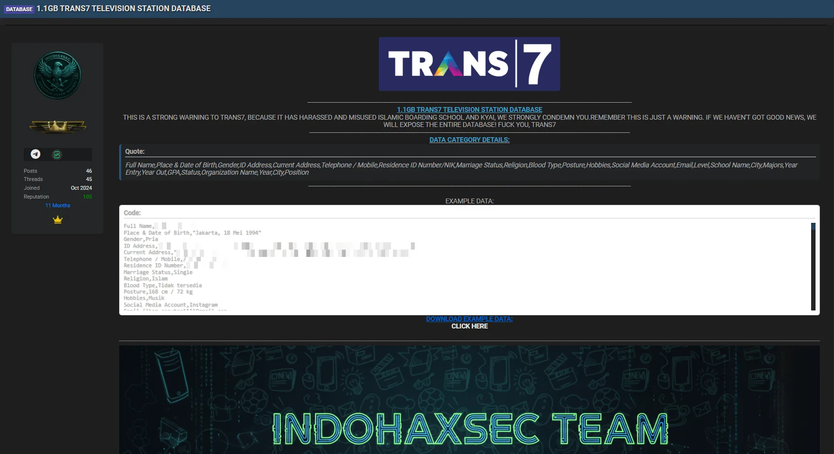 Indonesian Broadcaster Trans7 Hit by Data Breach - Daily Dark Web