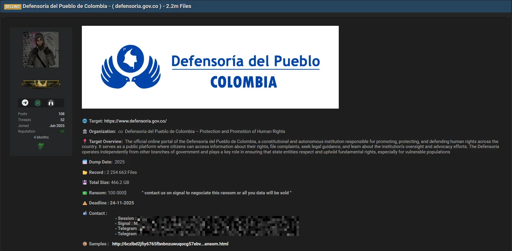 Defensoría del Pueblo de Colombia Hit by Data Breach - Daily Dark Web