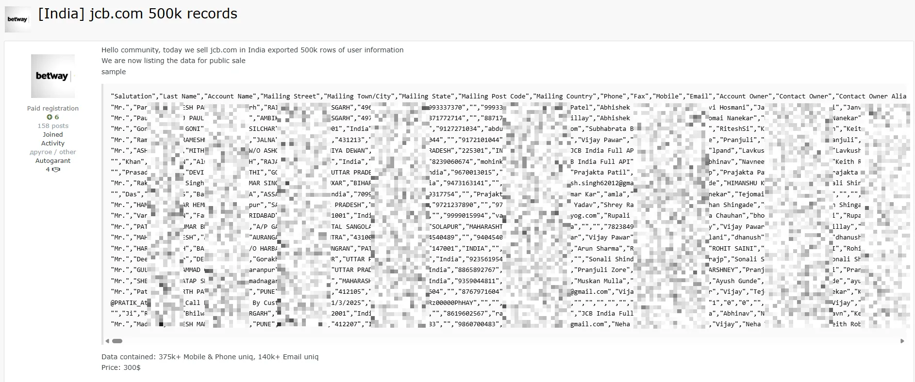 JCB India Data Breach: 500k User Records Listed for Public Sale - Daily ...