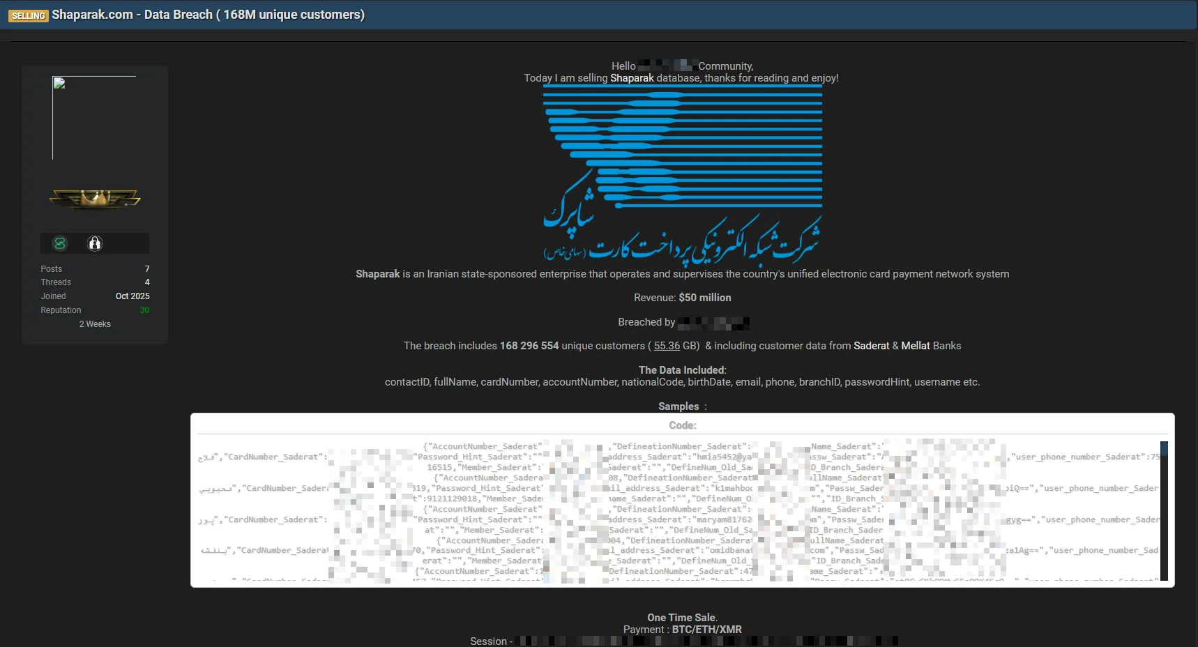 Iranian Payment System Shaparak Suffers Major Data Breach - Daily Dark Web