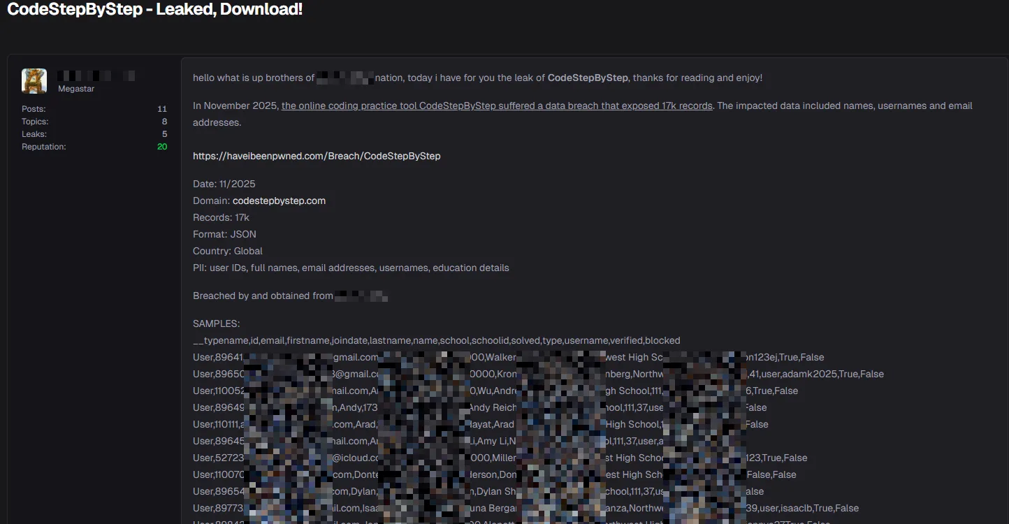 CodeStepByStep Data Breach Exposes 17k User Records - Daily Dark Web