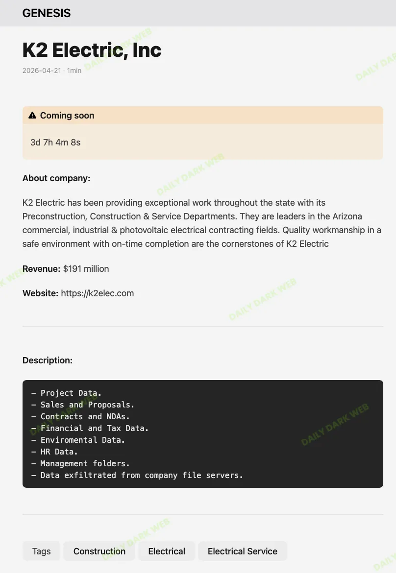 K2 Electric Inc Targeted in Genesis Ransomware Attack - Daily Dark Web